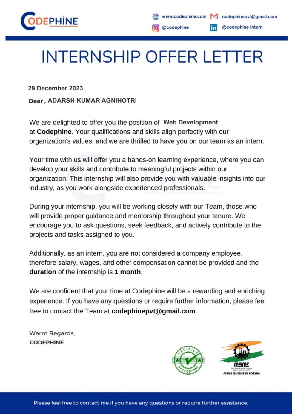 Adarsh Kumar Agnihotri on LinkedIn: INTERNSHIP OFFER LETTER from CODEPHINE Adarsh Kumar Agnihotri on LinkedIn: INTERNSHIP OFFER LETTER from CODEPHINE