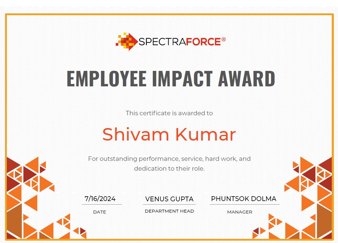 Shivam Kumar Ray on LinkedIn: #employeeimpactaward #spectraforce # ... Shivam Kumar Ray on LinkedIn: #employeeimpactaward #spectraforce # ...