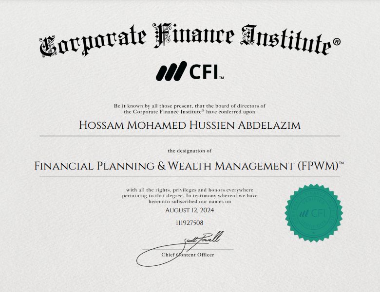 Hossam Mohamed, DipIFR®,MEST®,FMVA®,CA®,FPWM™, CMSA®,BIDA®,(ACCA, ESAA ... Hossam Mohamed, DipIFR®,MEST®,FMVA®,CA®,FPWM™, CMSA®,BIDA®,(ACCA, ESAA ...