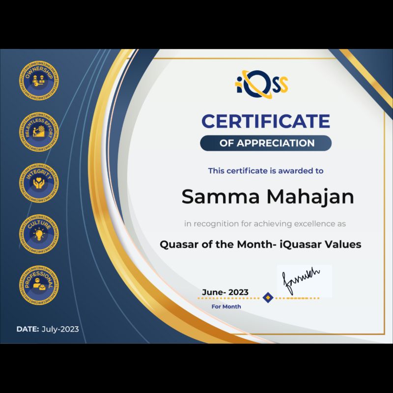 Samma Mahajan on LinkedIn: Thankyou iQuasar Software Solutions for the ... Samma Mahajan on LinkedIn: Thankyou iQuasar Software Solutions for the ...