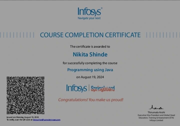 Nikita Shinde on LinkedIn: #infosysspringboard #javaprogramming Nikita Shinde on LinkedIn: #infosysspringboard #javaprogramming