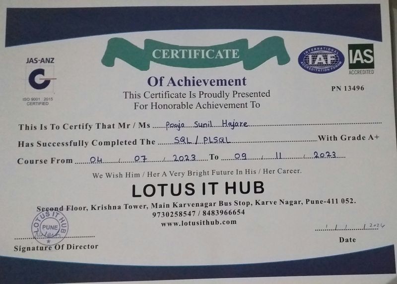 Pooja Hajare on LinkedIn: #sql #plsql #certification #lotus #database # ... Pooja Hajare on LinkedIn: #sql #plsql #certification #lotus #database # ...