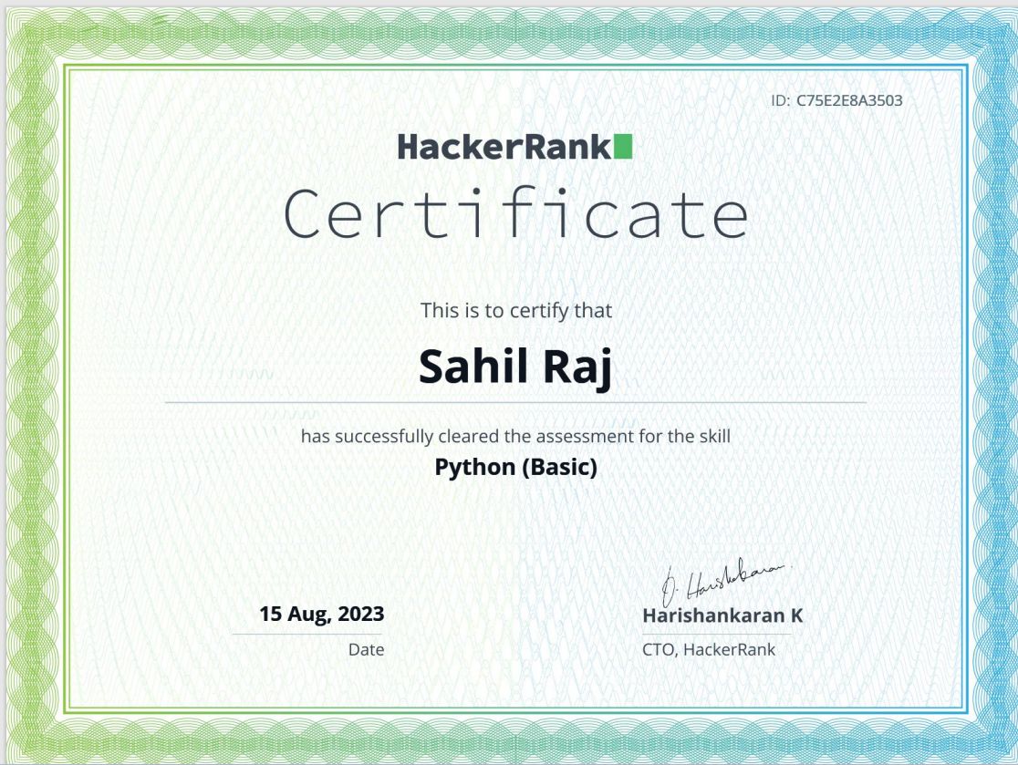 SAHIL RAJ on LinkedIn: #python #hackerrankcertified #python SAHIL RAJ on LinkedIn: #python #hackerrankcertified #python