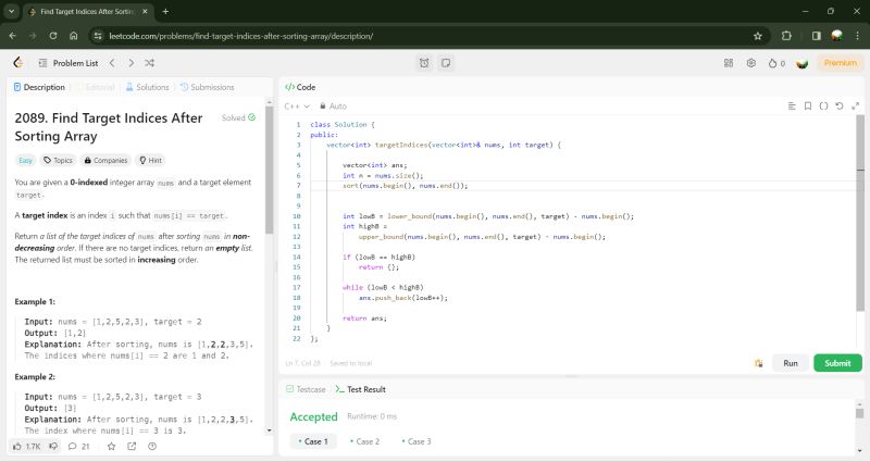 Day 80 of #100daysofcode challenge: Find target indices after sorting ... Day 80 of #100daysofcode challenge: Find target indices after sorting ...