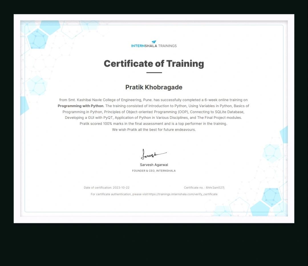 Earned Python certification from INTERNSHALA | Pratik Khobragade posted ... Earned Python certification from INTERNSHALA | Pratik Khobragade posted ...