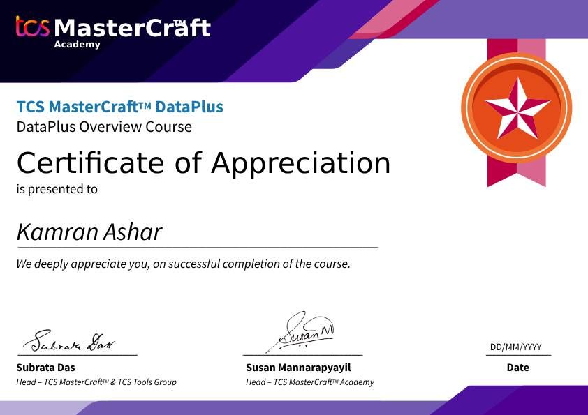 Kamran Ashar on LinkedIn: #tcs #mastercraft #dataplus #certification Kamran Ashar on LinkedIn: #tcs #mastercraft #dataplus #certification