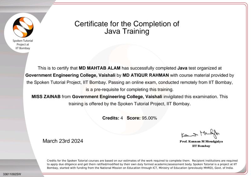 #spokentutorial #certification #javaprogramming | Md Mahtab Alam #spokentutorial #certification #javaprogramming | Md Mahtab Alam