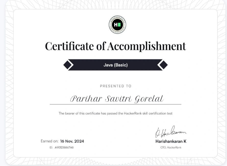 Savitri parihar on LinkedIn: #java #hackerrank #certification # ... Savitri parihar on LinkedIn: #java #hackerrank #certification # ...