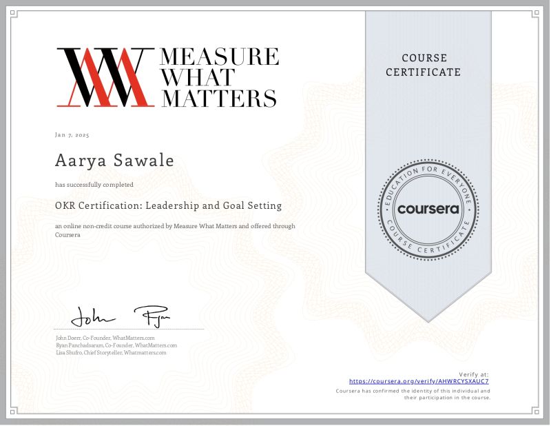 Aarya Sawale on LinkedIn: #okr #certification #leadership #goalsetting Aarya Sawale on LinkedIn: #okr #certification #leadership #goalsetting
