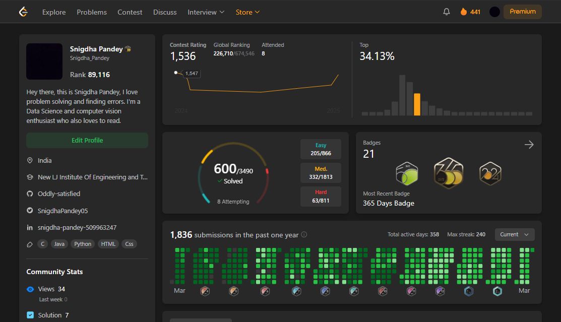 Just hit a personal milestone of solving 600 questions on LeetCode ... Just hit a personal milestone of solving 600 questions on LeetCode ...