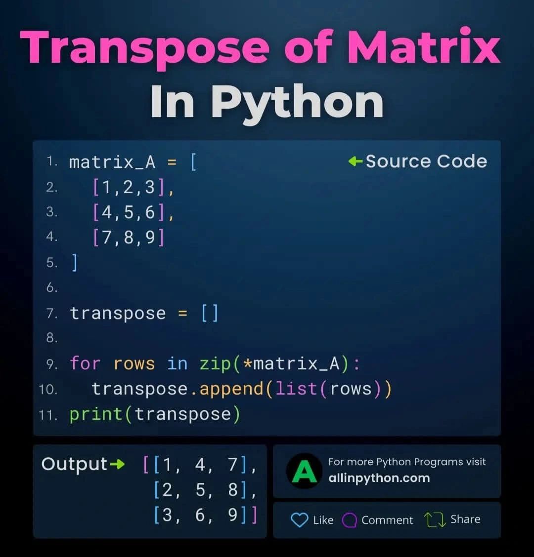 Transpose of Matrix in python #PythonCodeQuiz #CodingChallenge # ... Transpose of Matrix in python #PythonCodeQuiz #CodingChallenge # ...