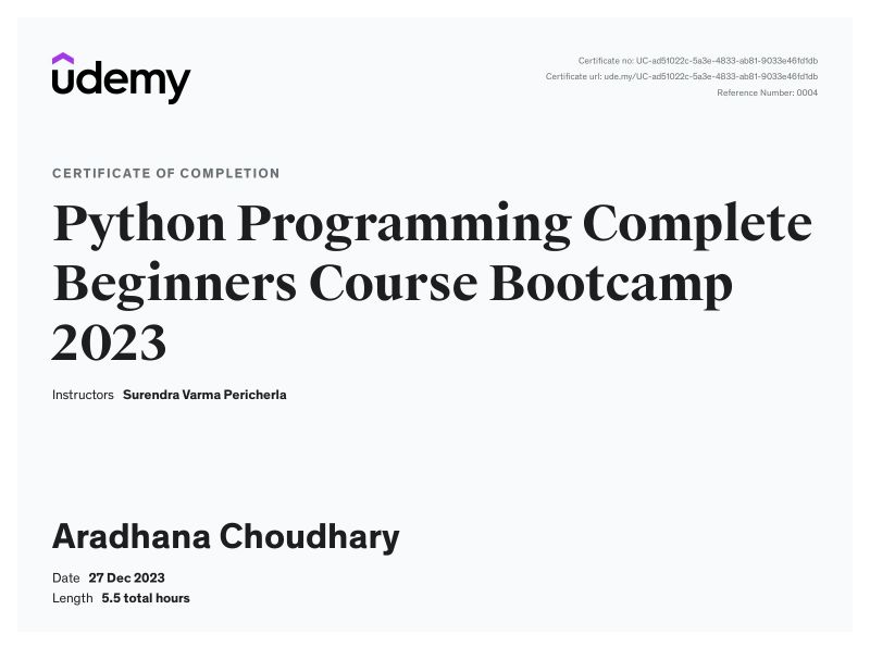 Aradhana Choudhary on LinkedIn: I got certificate for Python ... Aradhana Choudhary on LinkedIn: I got certificate for Python ...