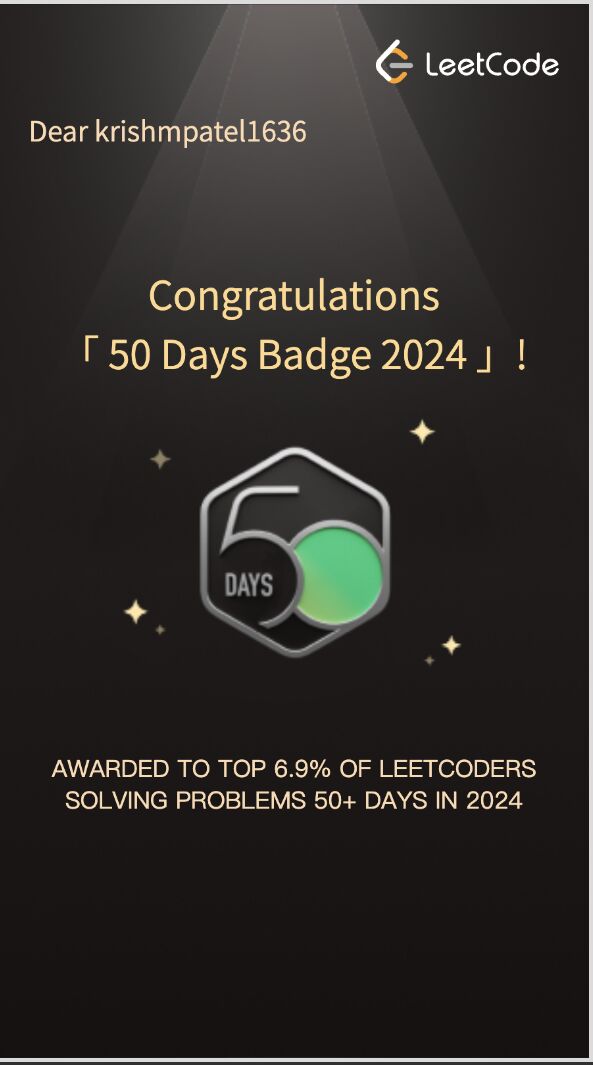Earned LeetCode streak badge! | Krish Patel posted on the topic | LinkedIn Earned LeetCode streak badge! | Krish Patel posted on the topic | LinkedIn
