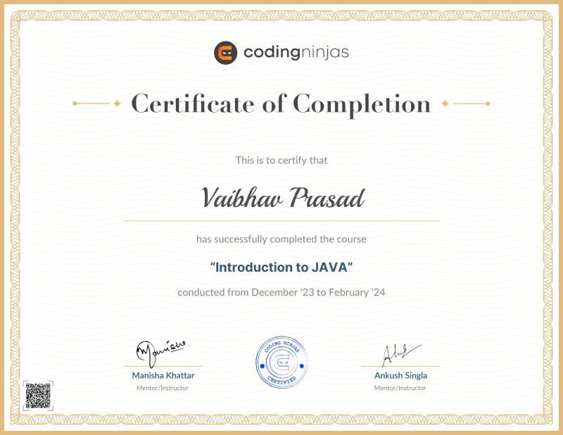 Vaibhav Prasad on LinkedIn: #javajourneycomplete #codingninjas Vaibhav Prasad on LinkedIn: #javajourneycomplete #codingninjas