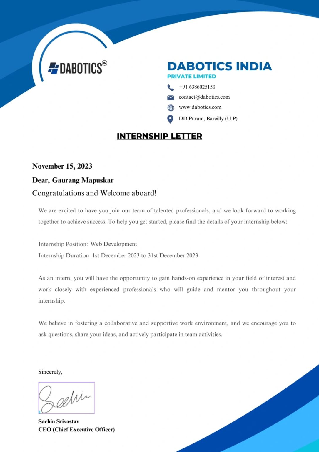 Gaurang Mapuskar on LinkedIn: #intern #dabotics Gaurang Mapuskar on LinkedIn: #intern #dabotics