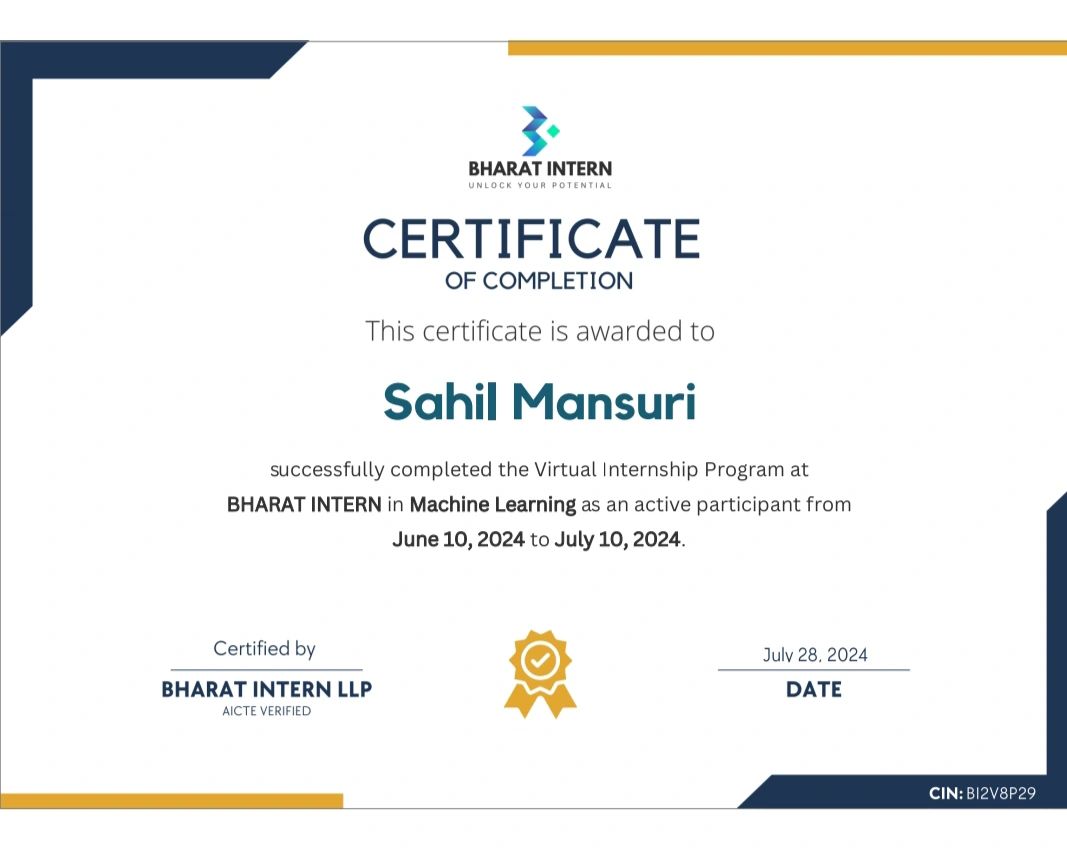 Sahil Mansuri on LinkedIn: #bharatintern #internship #machinelearning # ... Sahil Mansuri on LinkedIn: #bharatintern #internship #machinelearning # ...