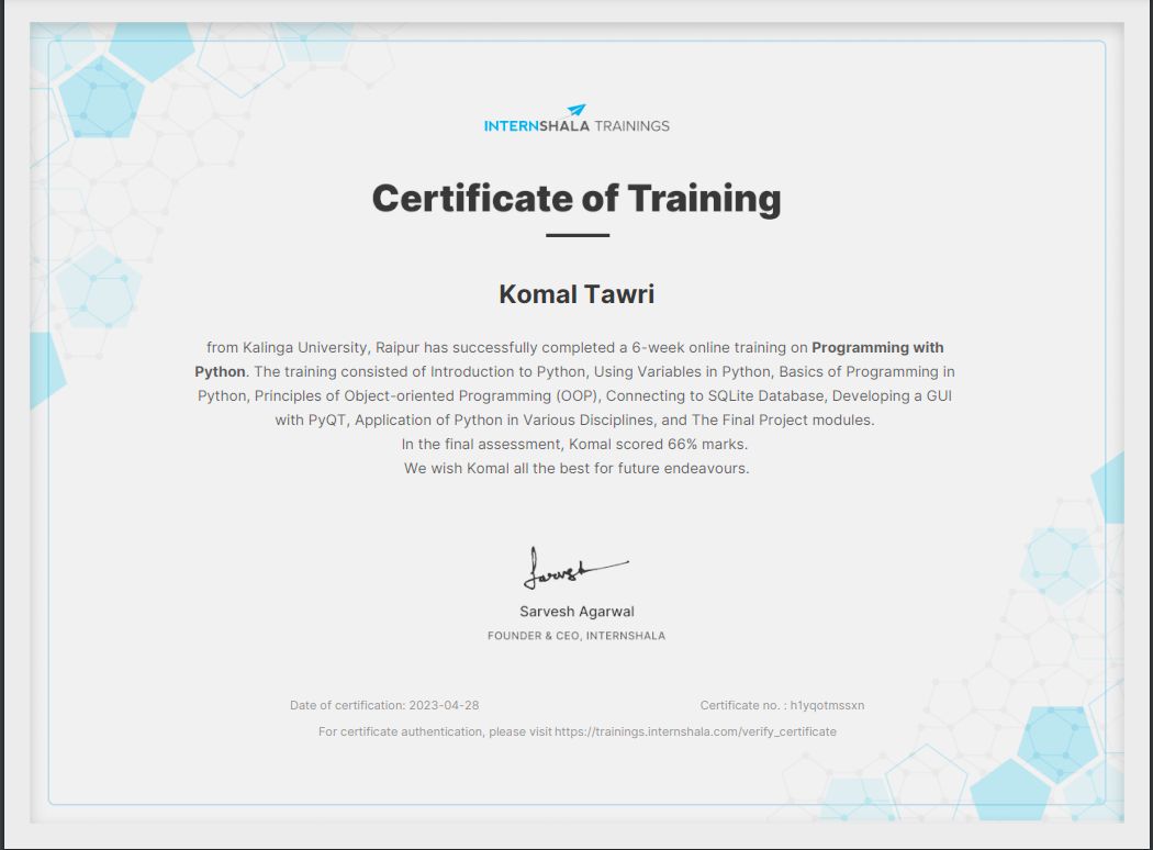 Komal Tawri on LinkedIn: #python #programming #trainingcertificate # ... Komal Tawri on LinkedIn: #python #programming #trainingcertificate # ...