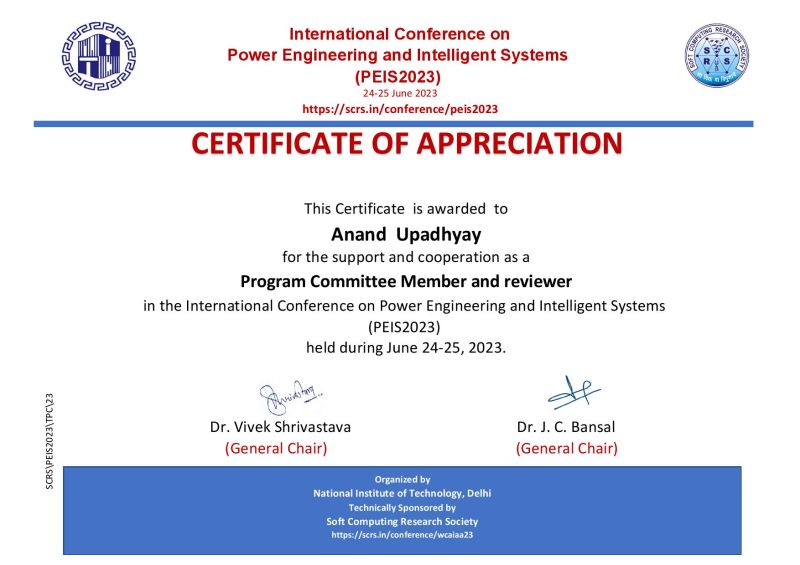 Dr. Anand Upadhyay on LinkedIn: #softcomputing #scrs #peis2023 #reviewer Dr. Anand Upadhyay on LinkedIn: #softcomputing #scrs #peis2023 #reviewer
