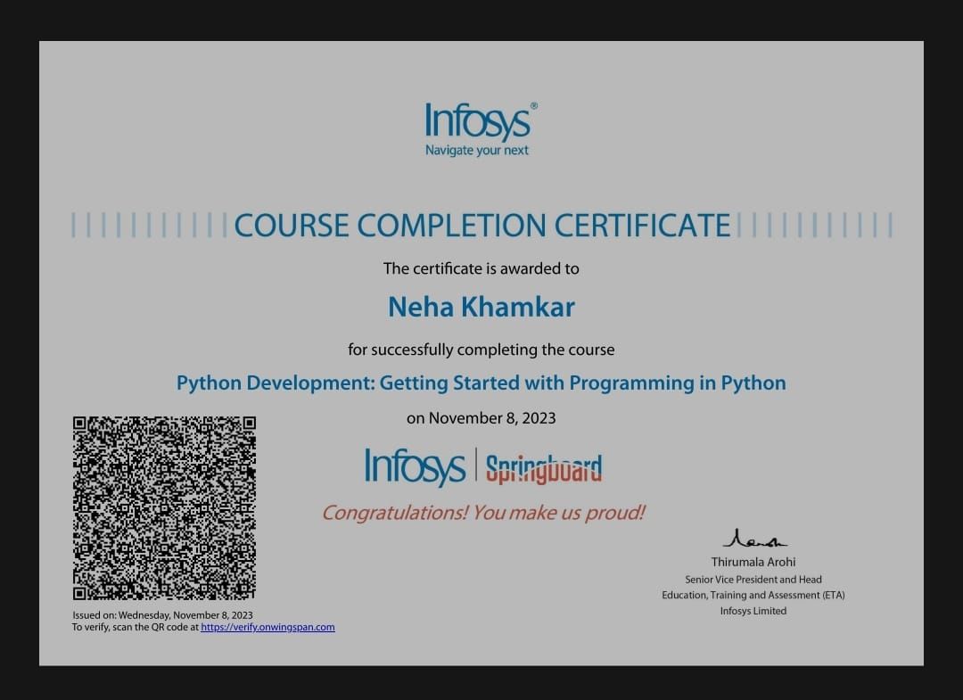 Neha Khamkar on LinkedIn: #infosysspringboard #python #pythondevelopment Neha Khamkar on LinkedIn: #infosysspringboard #python #pythondevelopment