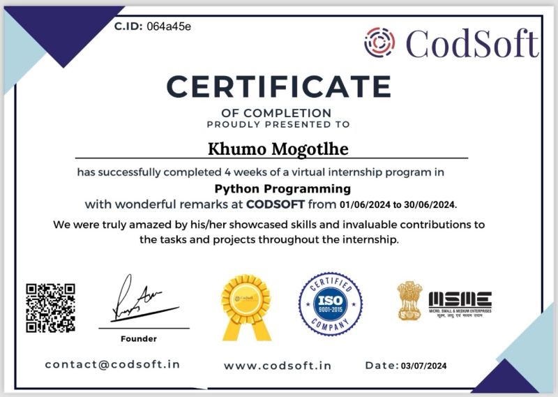 Khumo Mogotlhe on LinkedIn: #pythonprogramming #internshipcomplete #codsoft Khumo Mogotlhe on LinkedIn: #pythonprogramming #internshipcomplete #codsoft