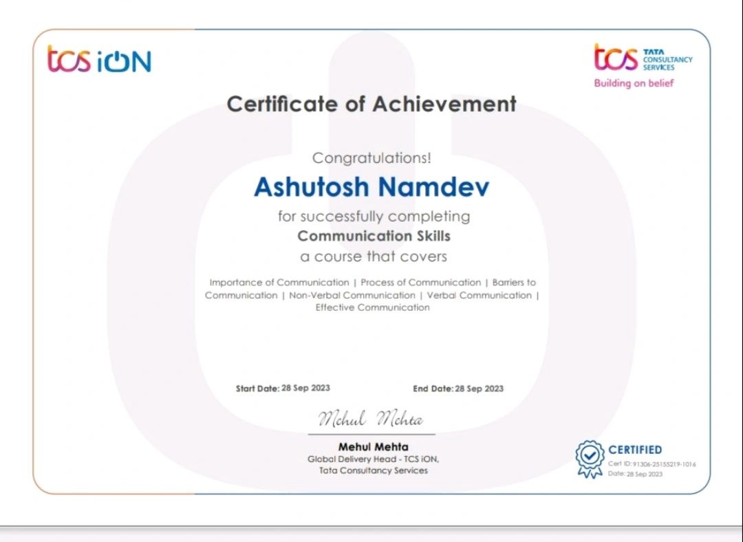 Completed a communication skills course with TCS ion | Ashutosh Namdev ... Completed a communication skills course with TCS ion | Ashutosh Namdev ...