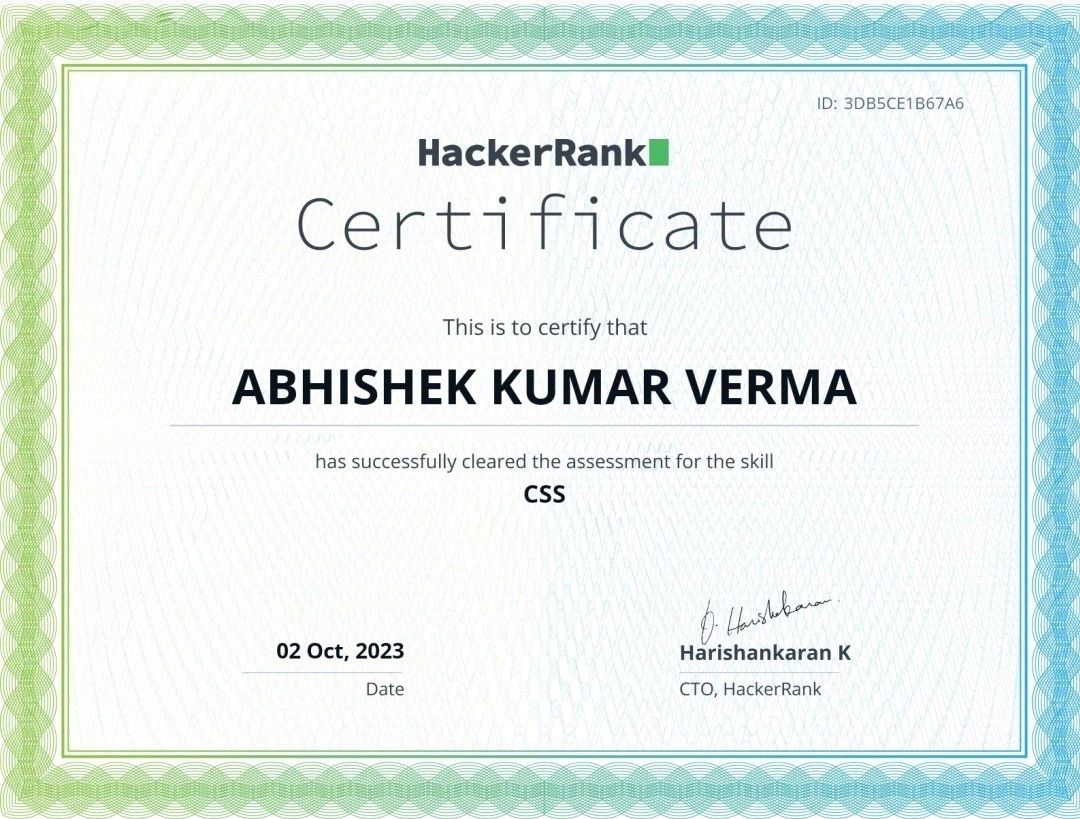 Completed CSS certification from HackerRank | Abhishek Kumar Verma ... Completed CSS certification from HackerRank | Abhishek Kumar Verma ...