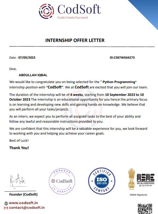 Abdullah Iqbal on LinkedIn: #codsoft #pythonprogramming #internship Abdullah Iqbal on LinkedIn: #codsoft #pythonprogramming #internship