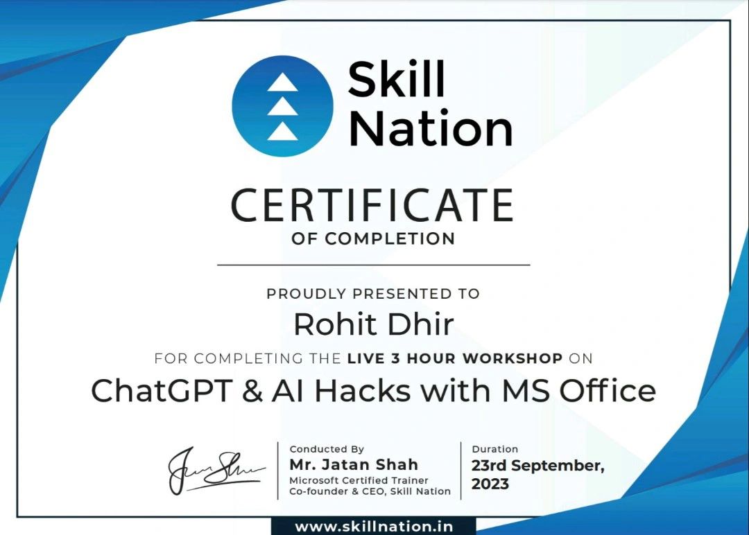 Attended workshop on ChatGPT & AI hacks with MS Office | Rohit Dhir Attended workshop on ChatGPT & AI hacks with MS Office | Rohit Dhir