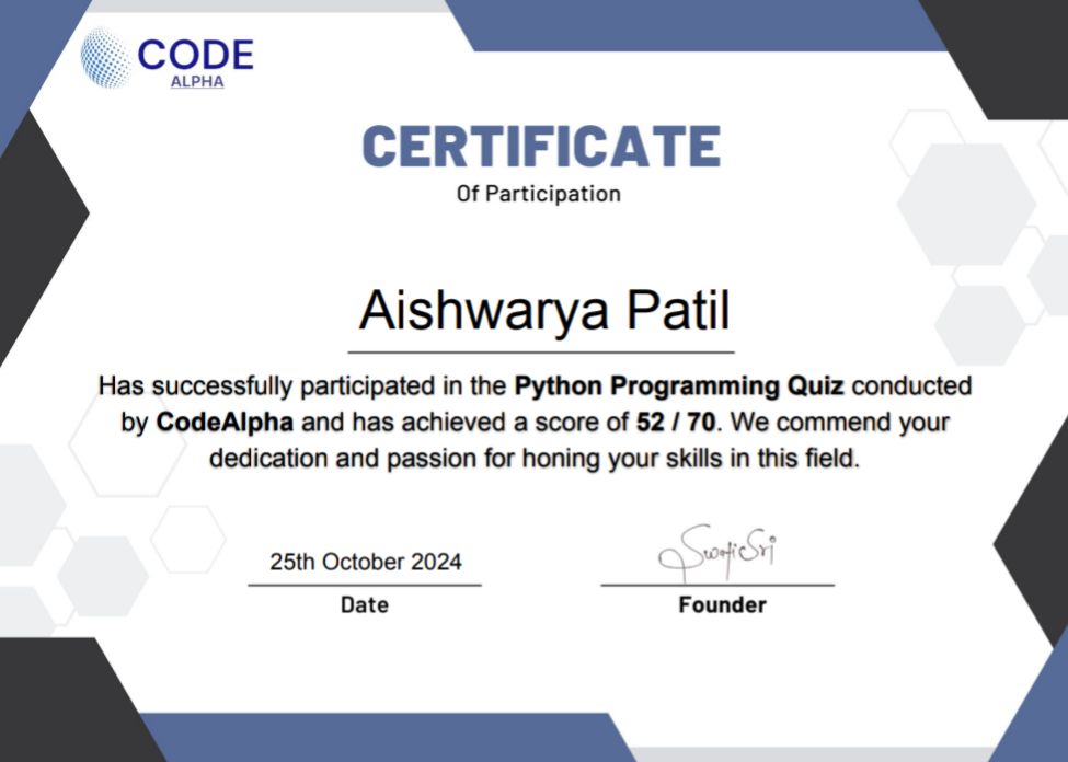 Aishwarya Patil on LinkedIn: #codealpha #python #certificate # ... Aishwarya Patil on LinkedIn: #codealpha #python #certificate # ...