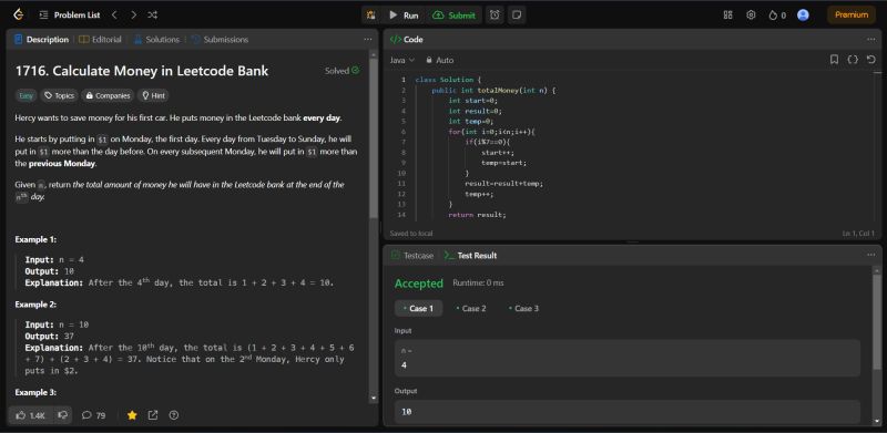 Kavya Mittal on LinkedIn: 🚀 LeetCode Challenge: Calculate Money in ... Kavya Mittal on LinkedIn: 🚀 LeetCode Challenge: Calculate Money in ...