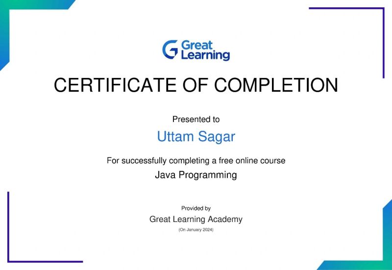 Earned Java programming course from Great Learning | Uttam Sagar posted ... Earned Java programming course from Great Learning | Uttam Sagar posted ...