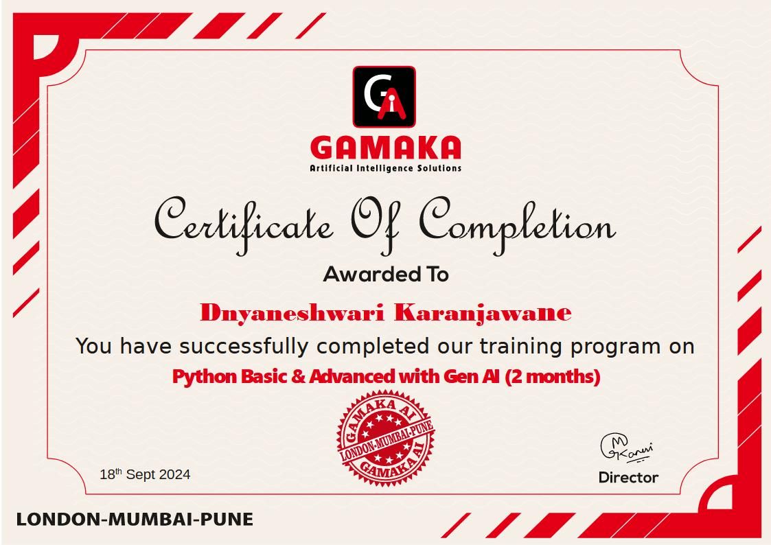Dnyaneshwari karanjawane on LinkedIn: #pythoncertified # ... Dnyaneshwari karanjawane on LinkedIn: #pythoncertified # ...