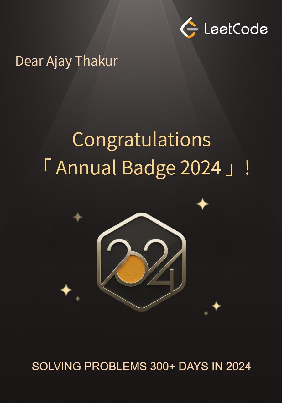 Ajay Thakur (अजय ठाकुर) on LinkedIn: #leetcode #leetcode2024 #badge2024 ... Ajay Thakur (अजय ठाकुर) on LinkedIn: #leetcode #leetcode2024 #badge2024 ...