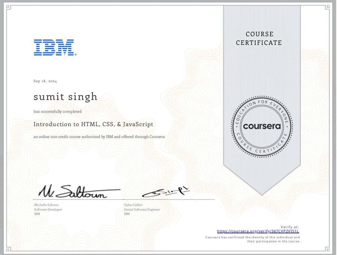 Completion of HTML, CSS, and JavaScript course | Sumit Singh posted on ... Completion of HTML, CSS, and JavaScript course | Sumit Singh posted on ...