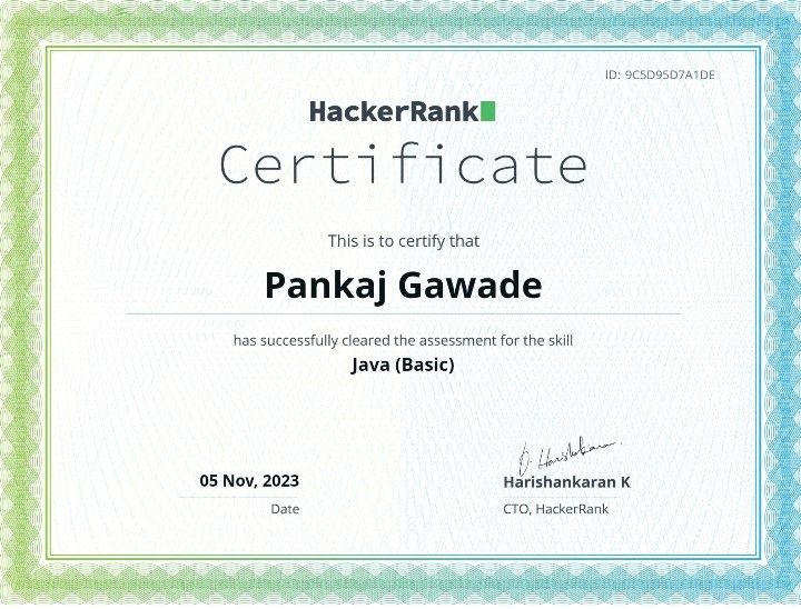Pankaj Gawade on LinkedIn: #hackerrank #java #certificate Pankaj Gawade on LinkedIn: #hackerrank #java #certificate