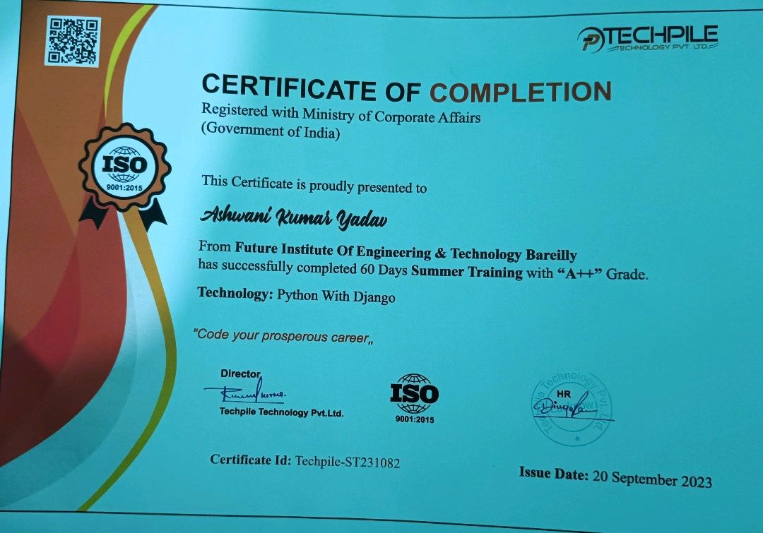 Completed 60-day Python training with Django | Ashwani kumar Yadav ... Completed 60-day Python training with Django | Ashwani kumar Yadav ...