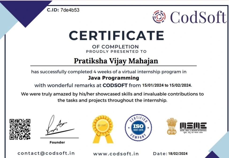 Pratiksha Mahajan on LinkedIn: #codsoft #javaprogramming Pratiksha Mahajan on LinkedIn: #codsoft #javaprogramming