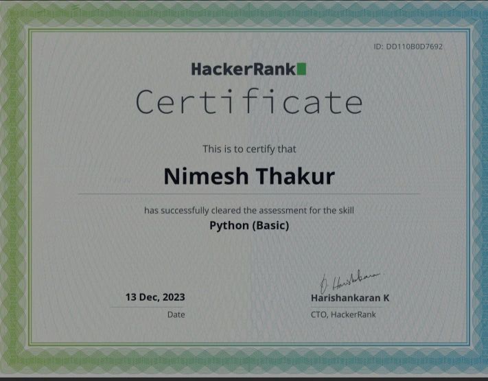 Nimesh Thakur on LinkedIn: #python #codingjourney #hackerrankcertificate Nimesh Thakur on LinkedIn: #python #codingjourney #hackerrankcertificate