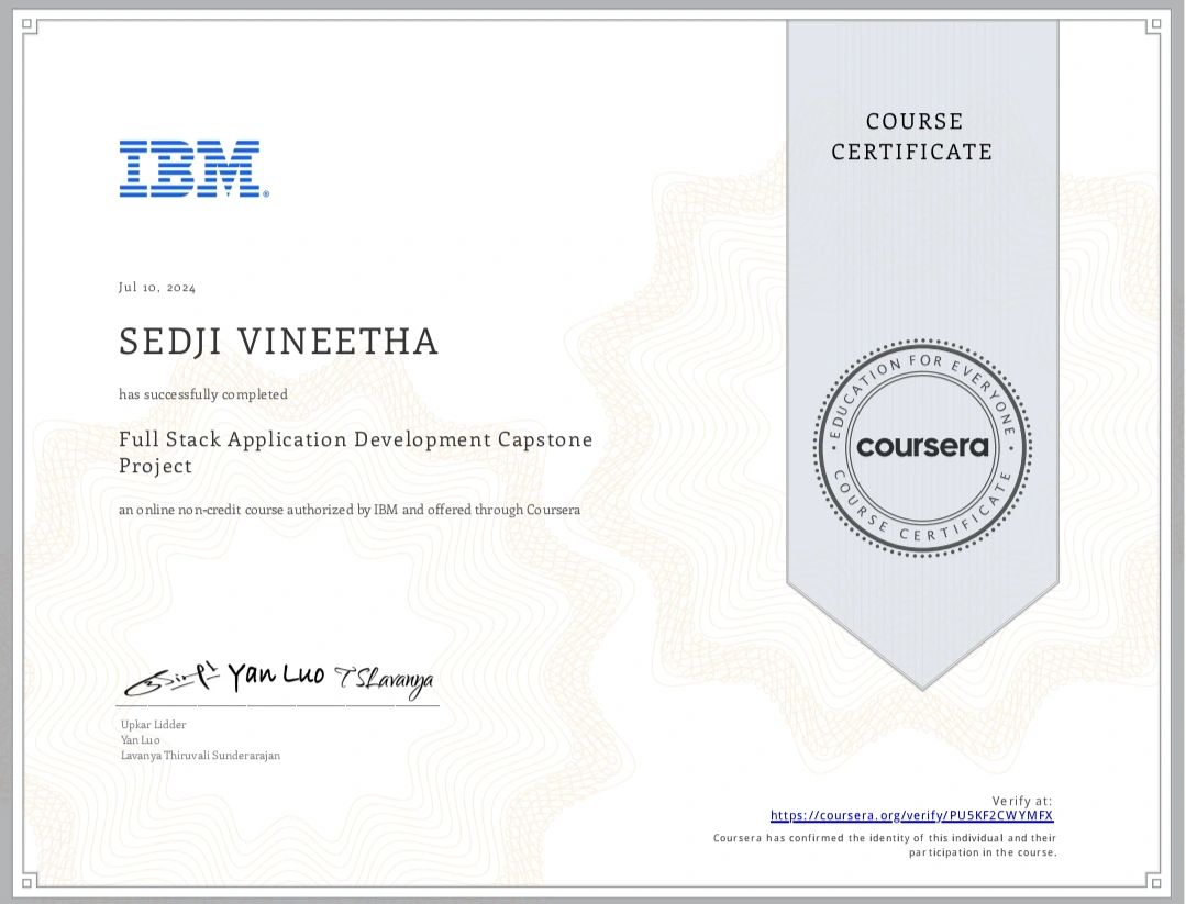 sedji Vineetha on LinkedIn: Full stack application development capstone ... sedji Vineetha on LinkedIn: Full stack application development capstone ...