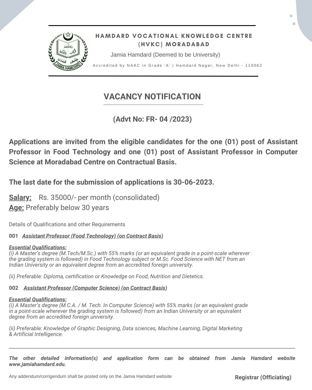 Jamia Hamdard on LinkedIn: Vacancy Notification: Advt No. FR - 04/2023 ... Jamia Hamdard on LinkedIn: Vacancy Notification: Advt No. FR - 04/2023 ...