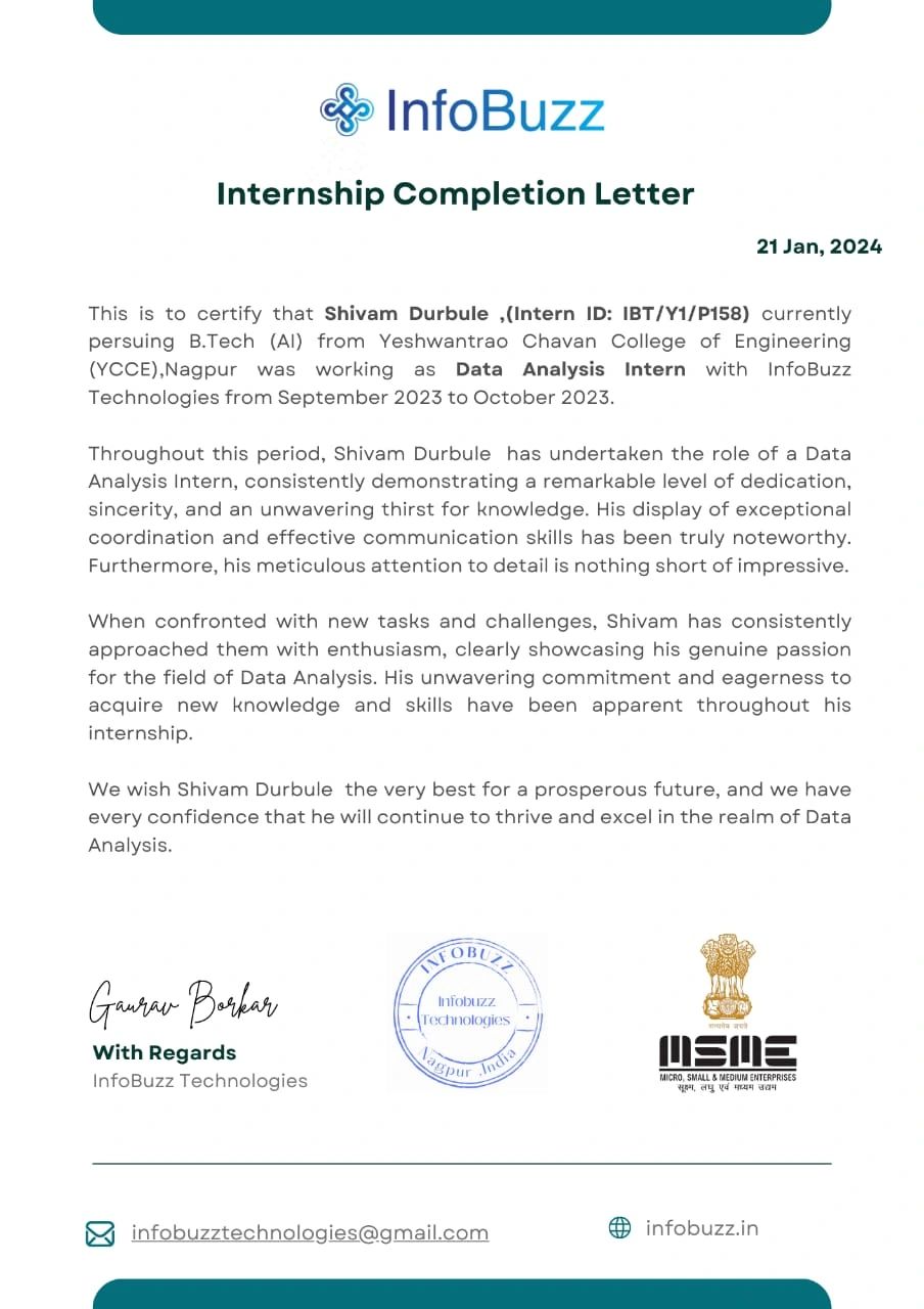 Finished Data Science internship with Infobuzz | Shivam Durbule posted ... Finished Data Science internship with Infobuzz | Shivam Durbule posted ...
