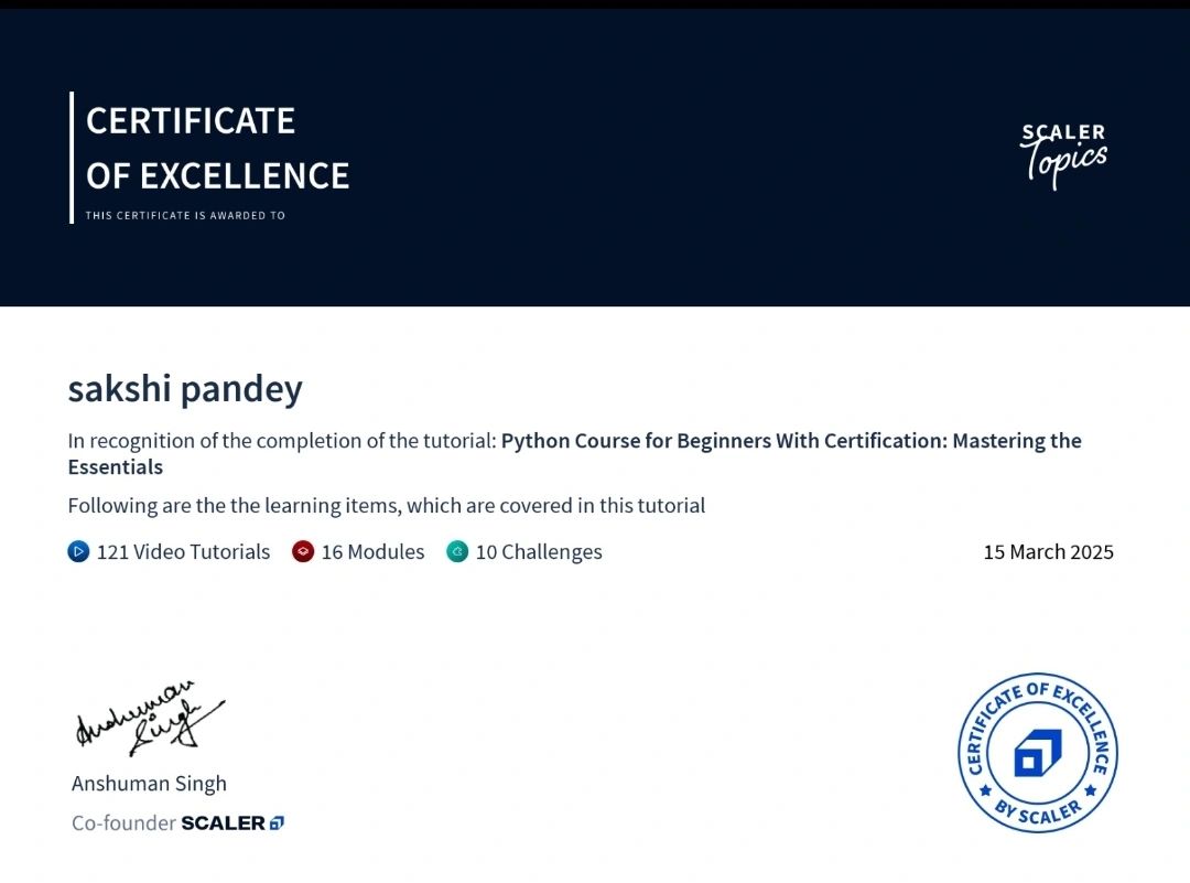 #python #certification #learning #scaler #datascience | Sakshi Pandey #python #certification #learning #scaler #datascience | Sakshi Pandey