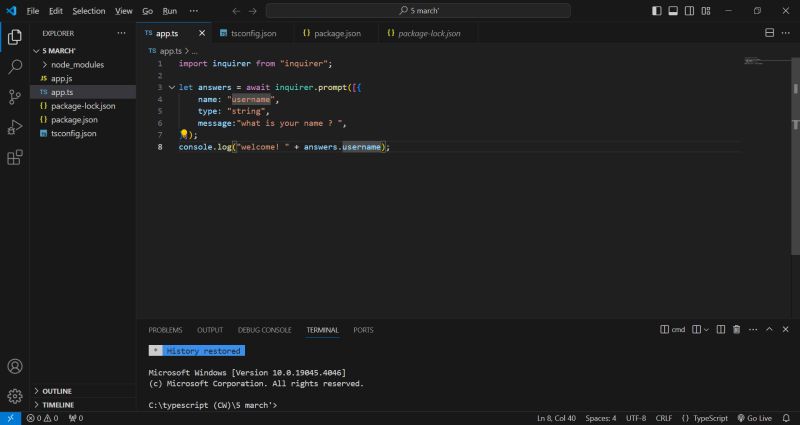 🚀 Exploring the power of inquirer in TypeScript! | Syeda Samra 🚀 Exploring the power of inquirer in TypeScript! | Syeda Samra