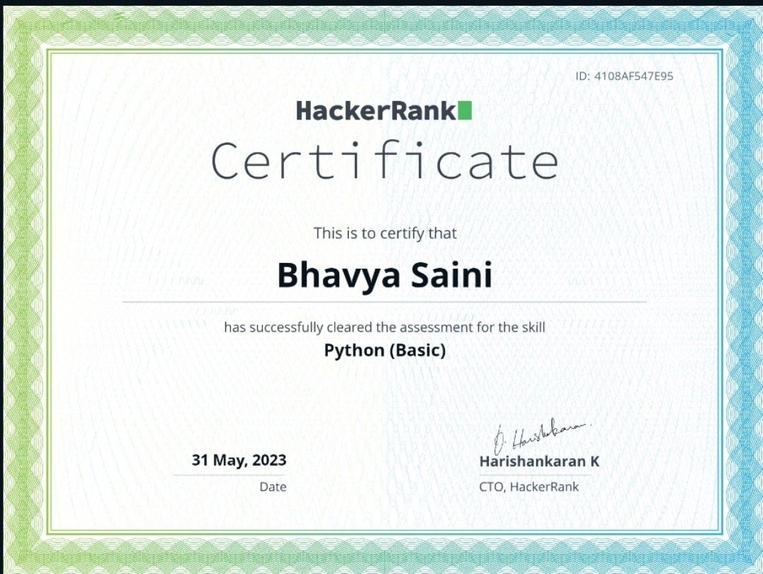 #pythonbasics #hackerrankcertificate #pythonprogramming | Bhavya Saini #pythonbasics #hackerrankcertificate #pythonprogramming | Bhavya Saini