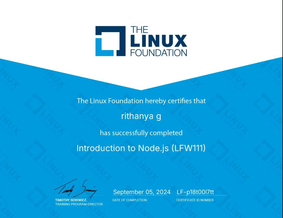 Rithanya G on LinkedIn: #nodejs #linuxfoundation #javascript # ... Rithanya G on LinkedIn: #nodejs #linuxfoundation #javascript # ...