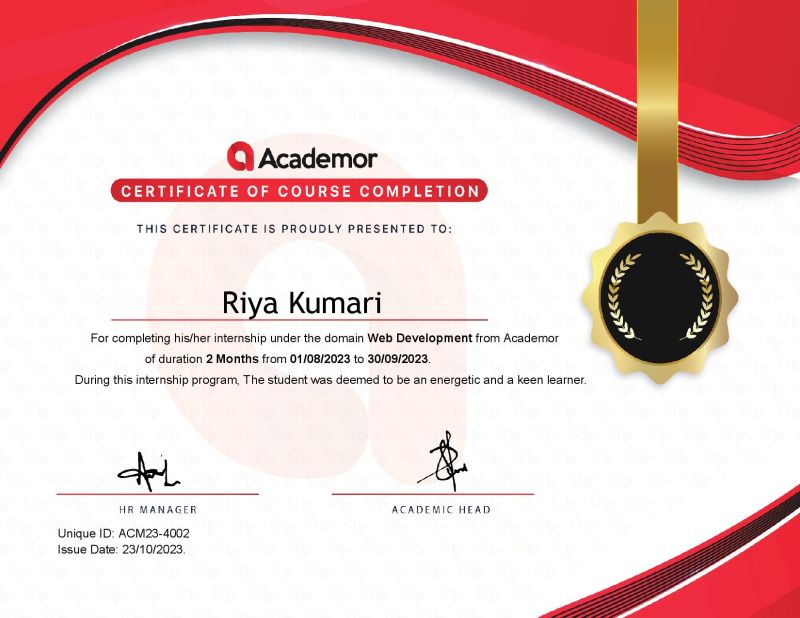 Riya Tiwari on LinkedIn: #academor #certificate #internship #webdevelopment Riya Tiwari on LinkedIn: #academor #certificate #internship #webdevelopment