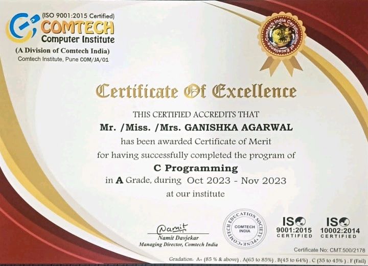 Ganishka Agarwal on LinkedIn: #certification #cprogramming # ... Ganishka Agarwal on LinkedIn: #certification #cprogramming # ...