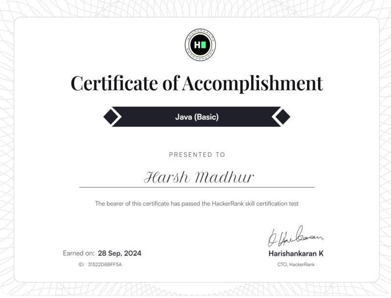 Harsh Madhur on LinkedIn: Certificate of java by HackerRank Harsh Madhur on LinkedIn: Certificate of java by HackerRank
