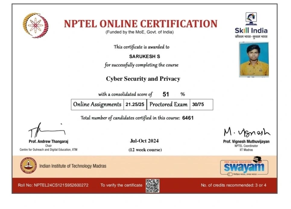 NPTEL CERTIFICATE | Sarukesh. S NPTEL CERTIFICATE | Sarukesh. S