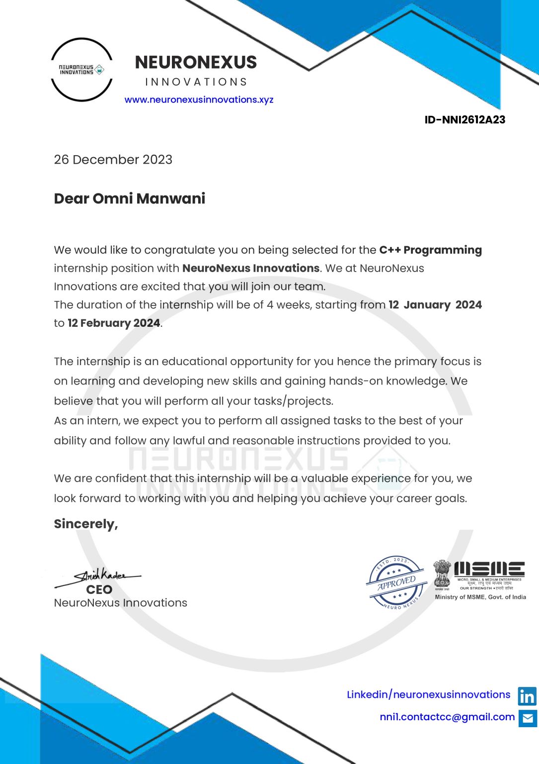 Omni Manwani on LinkedIn: #internship #cplusplus #neuronexusinnovations ... Omni Manwani on LinkedIn: #internship #cplusplus #neuronexusinnovations ...